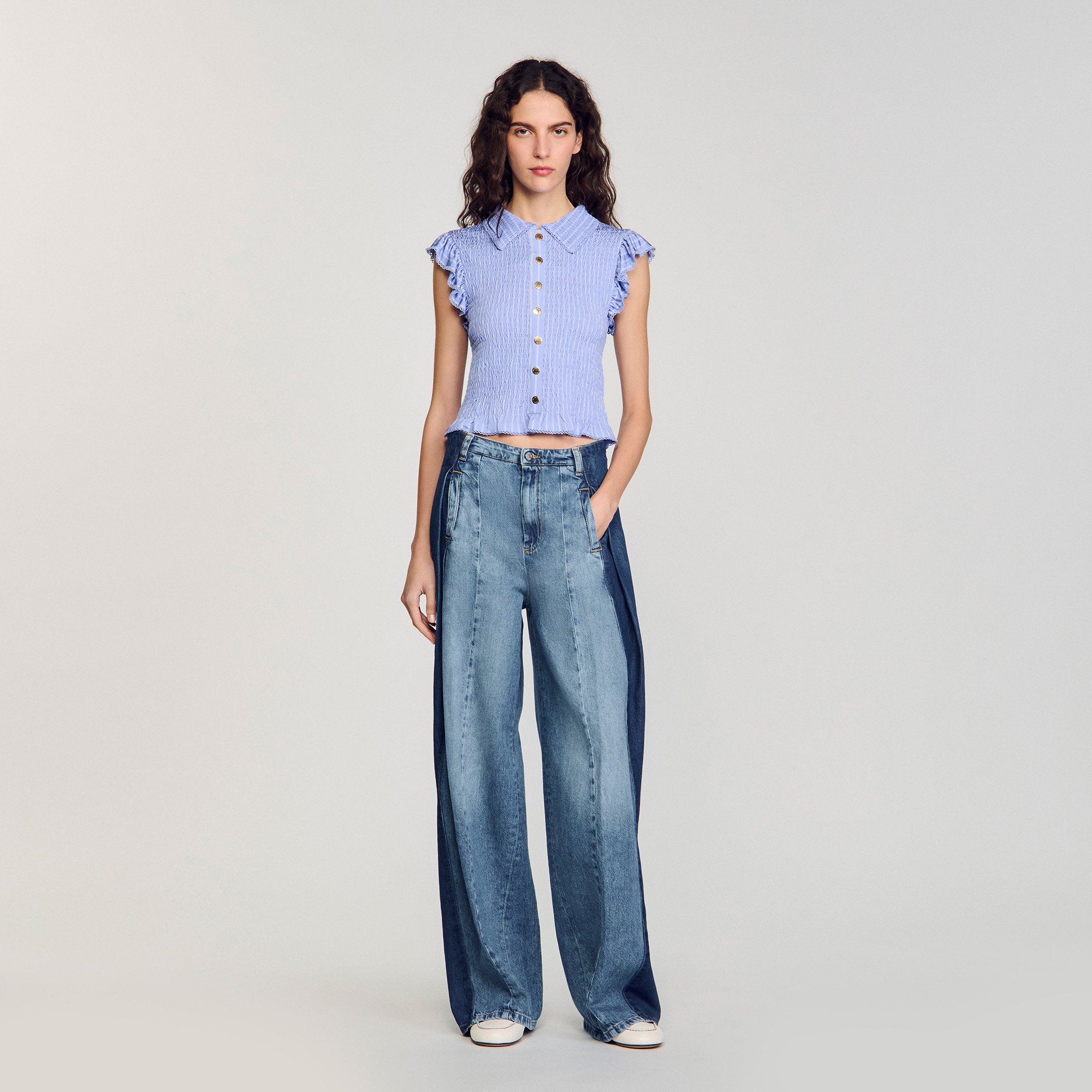 Camiseta fruncida a rayas azul para mujer | Sandro Paris